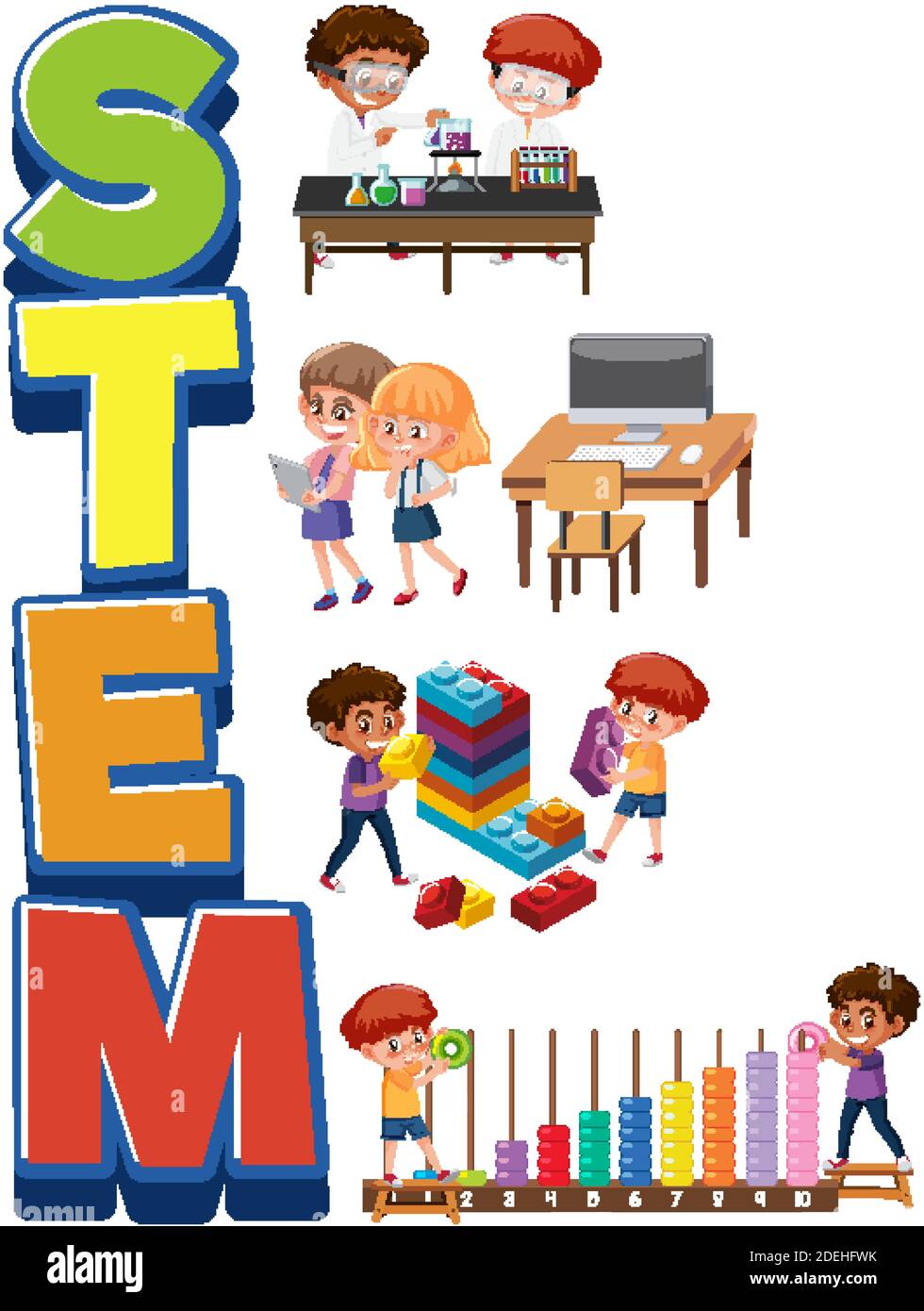 Stem logo with kids and education objects isolated illustration Stock ...