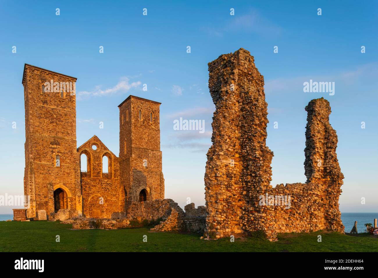 England, Kent, Herne Bay, Reculver Towers and Roman Ruins of Roman Fort ...