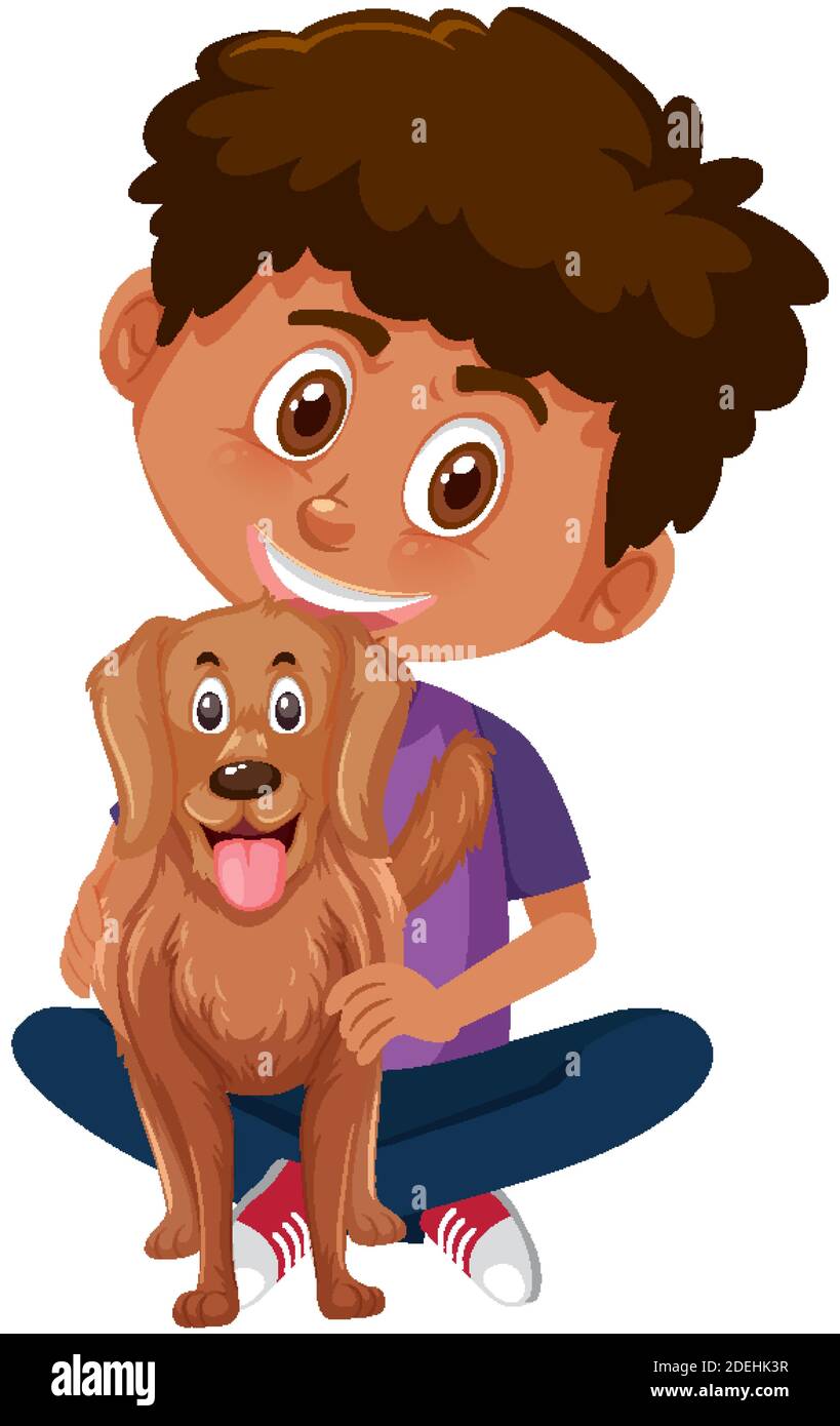 Boy holding cute animal cartoon character isolated on white background ...