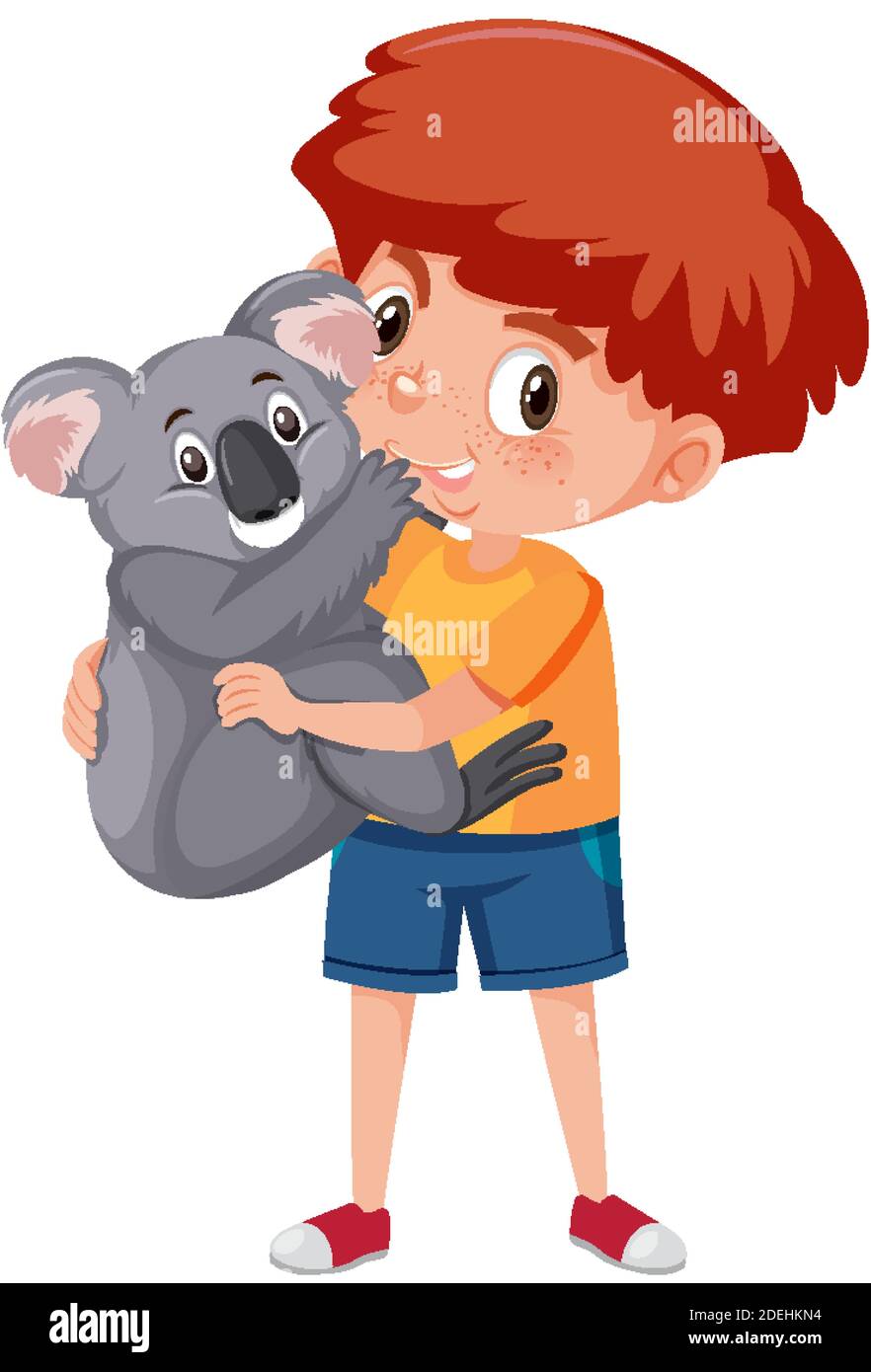 Boy holding cute animal cartoon character isolated on white background ...