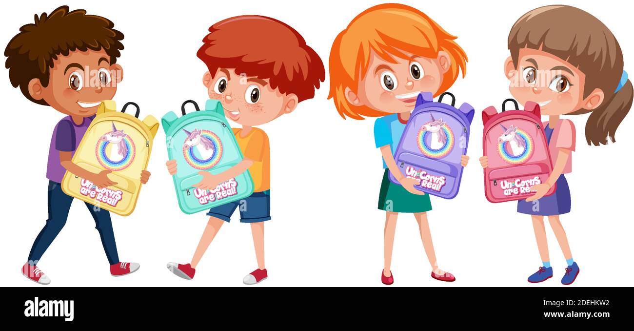 Set of different kids holding cute backpack cartoon character isolated ...