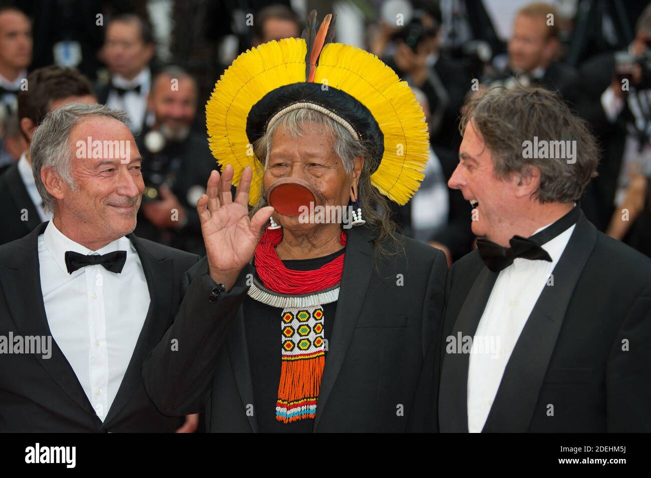 Chief Raoni Metuktire, Jean-Pierre Dutilleux and guests arriving on the ...