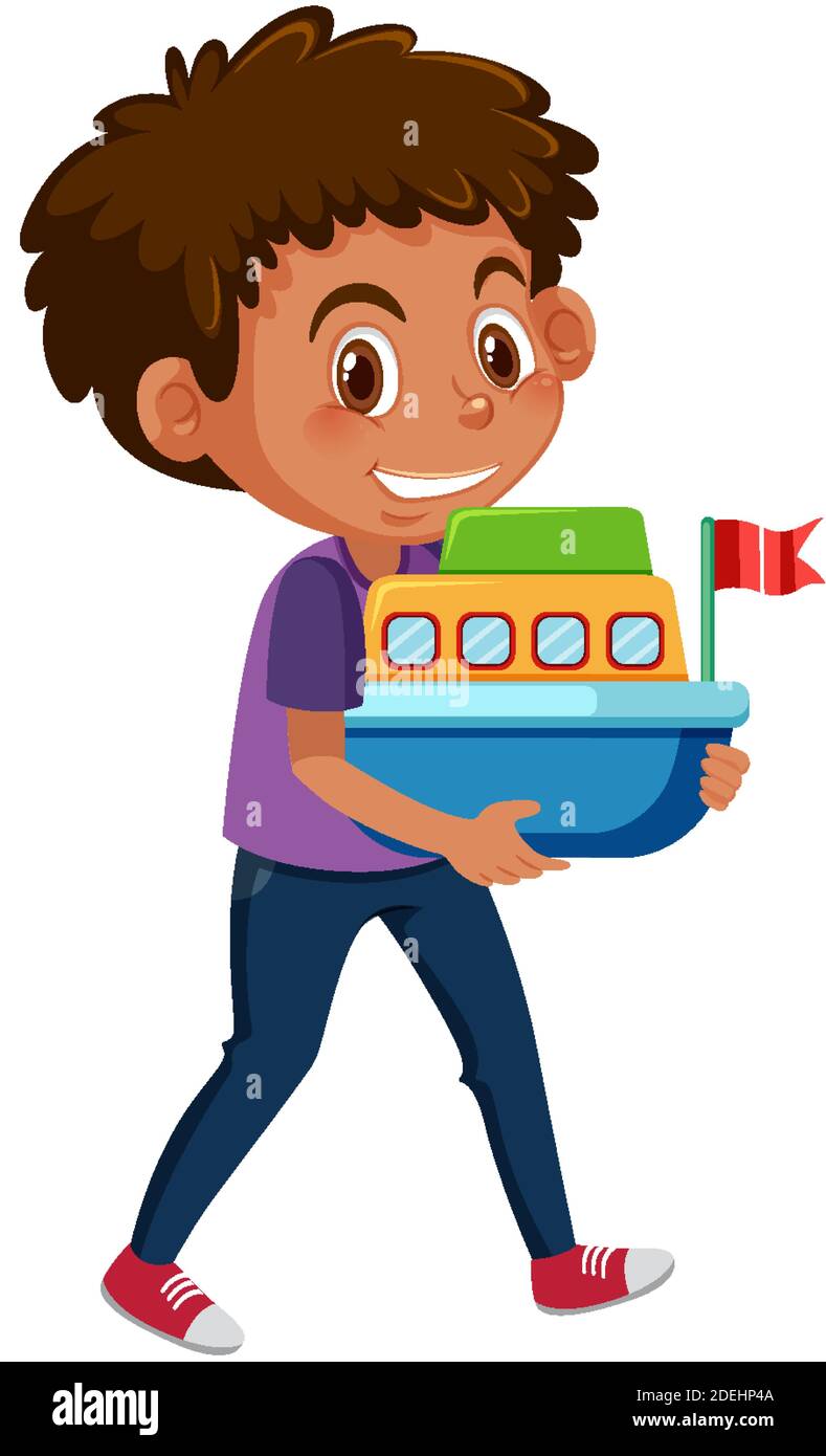 Boy holding boat toy cartoon character isolated on white background ...