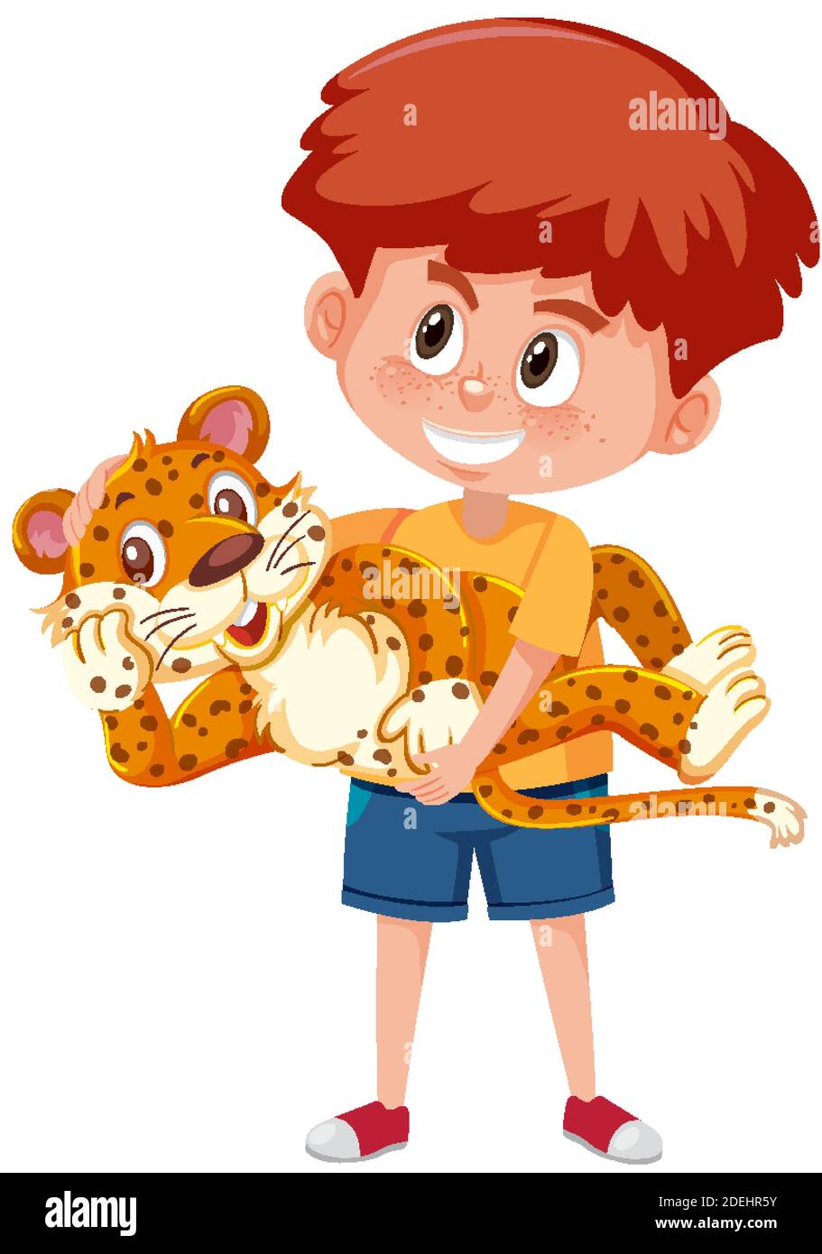 Boy holding cute animal cartoon character isolated on white background ...