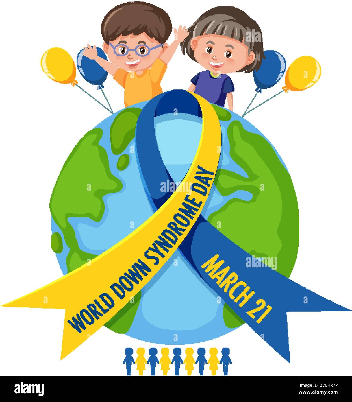 World Down Syndrome on 21 March with two kids and yellow - blue ribbon ...