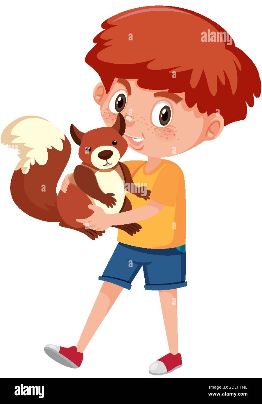 Boy holding cute animal cartoon character isolated on white background ...