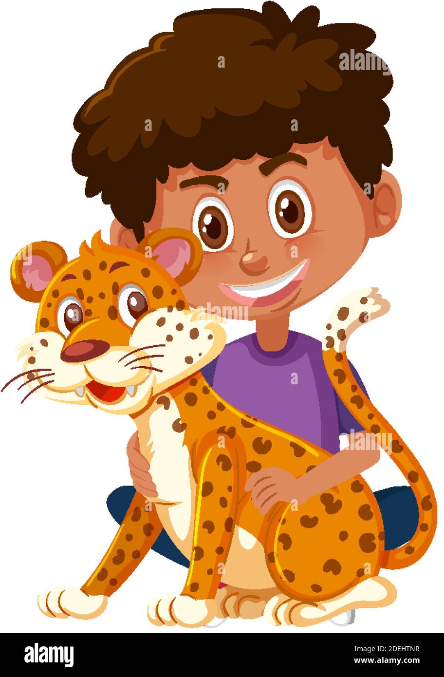 Boy holding cute animal cartoon character isolated on white background ...