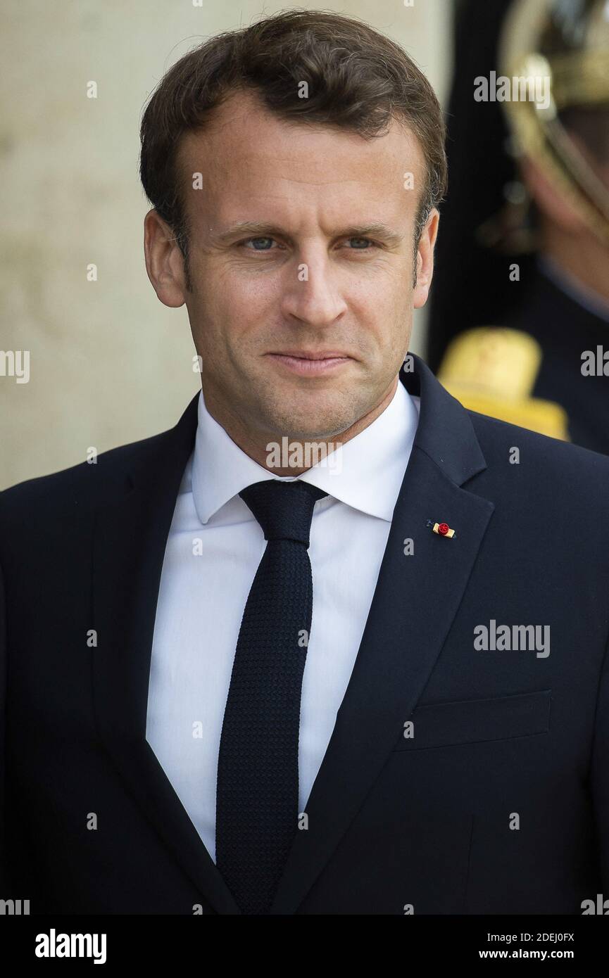 French President Emmanuel Macron gestures at the Elysee presidential ...