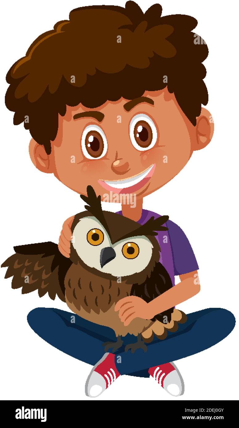 Boy holding cute animal cartoon character isolated on white background ...