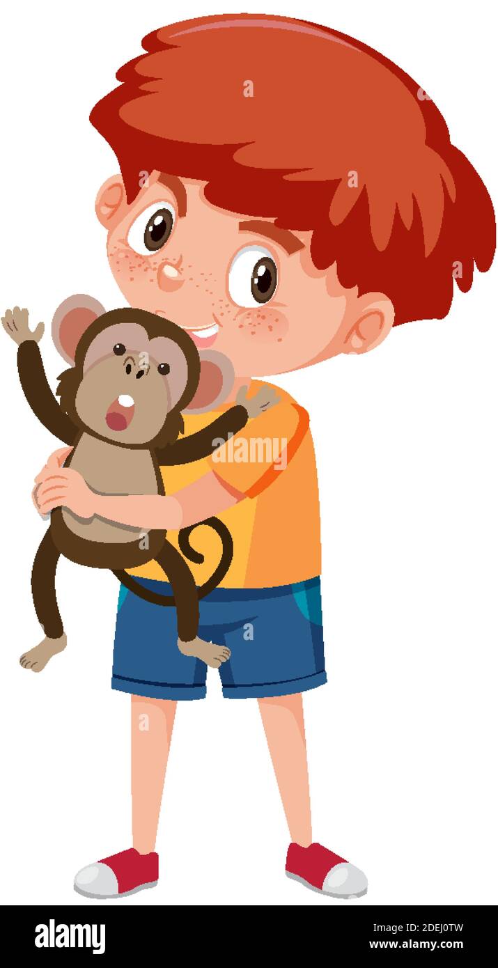 Boy holding cute animal cartoon character isolated on white background ...