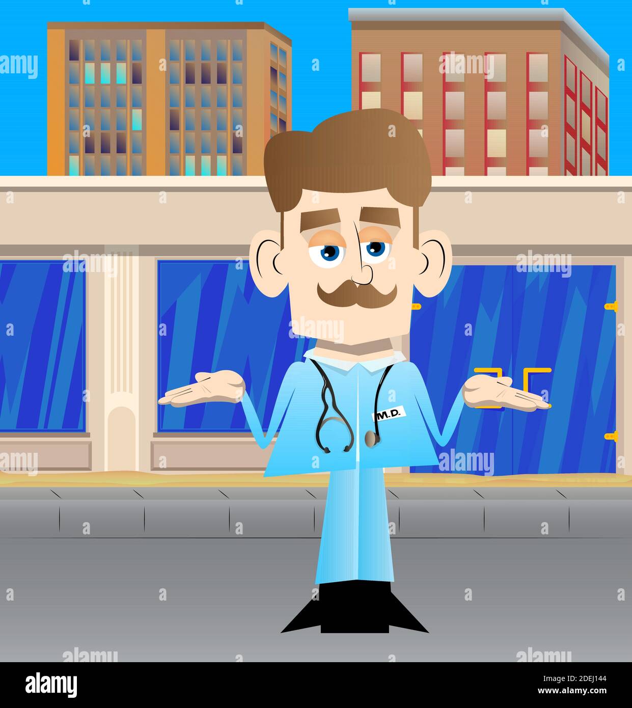 Funny cartoon doctor shrugs shoulders expressing don't know gesture ...