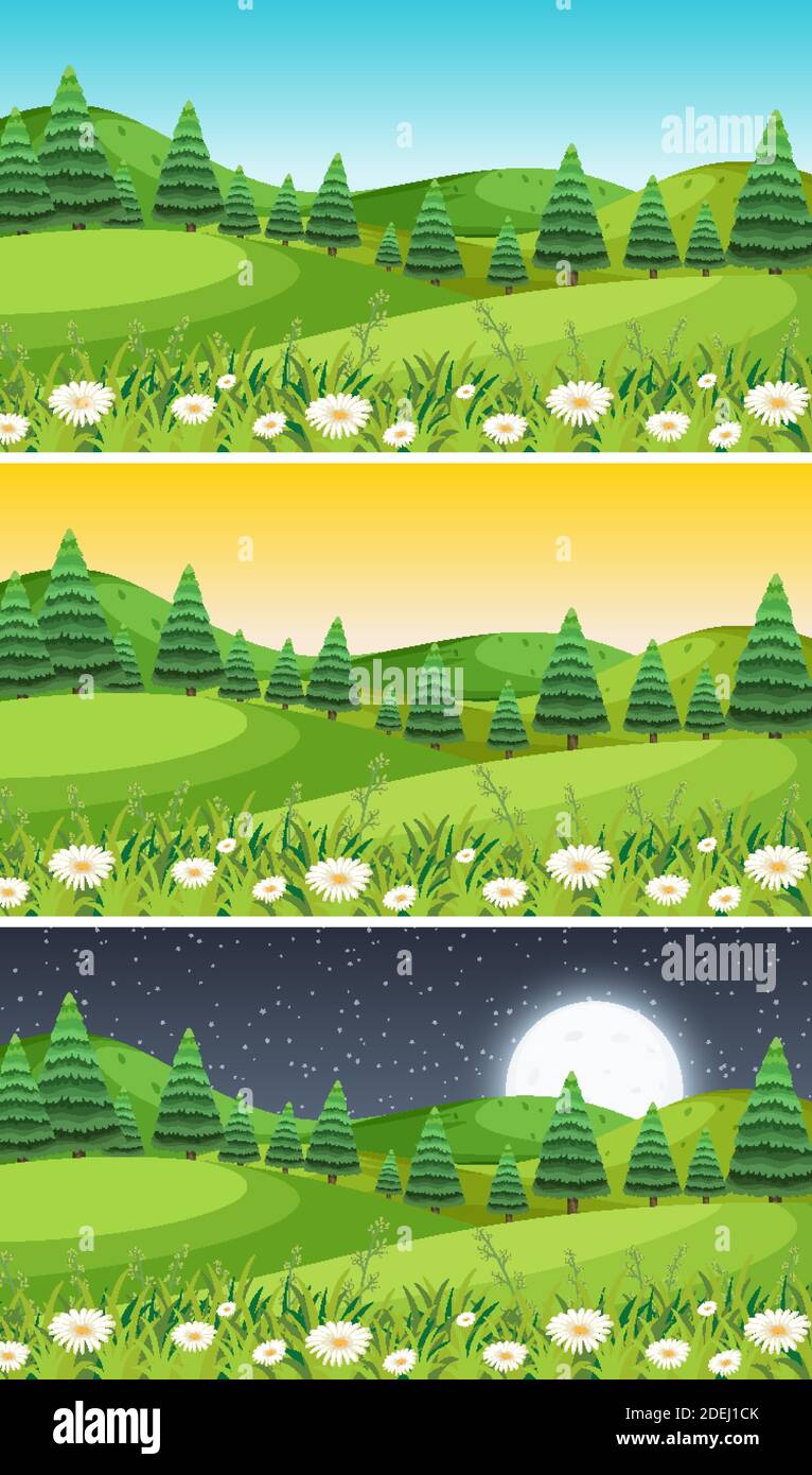 Nature landscape scene at different times of day illustration Stock ...