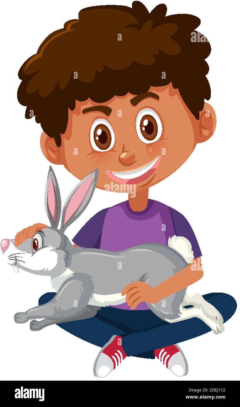 Boy holding cute animal cartoon character isolated on white background ...
