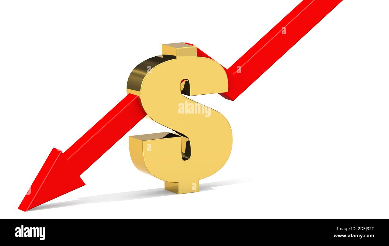 Golden dollar sign with red arrow going down, 3d rendering Stock Photo ...