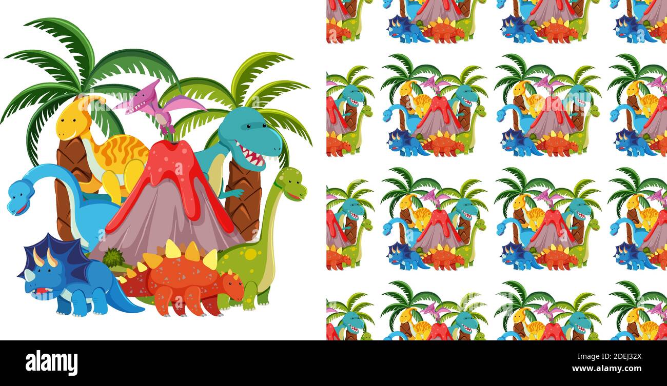 Seamless and group of cute dinosaurs and volcano isolated on white ...
