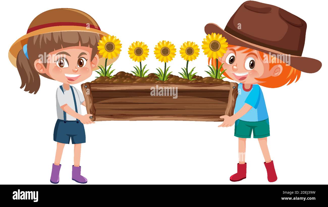 Cute girls holding flower in wooden pot cartoon character isolated on ...