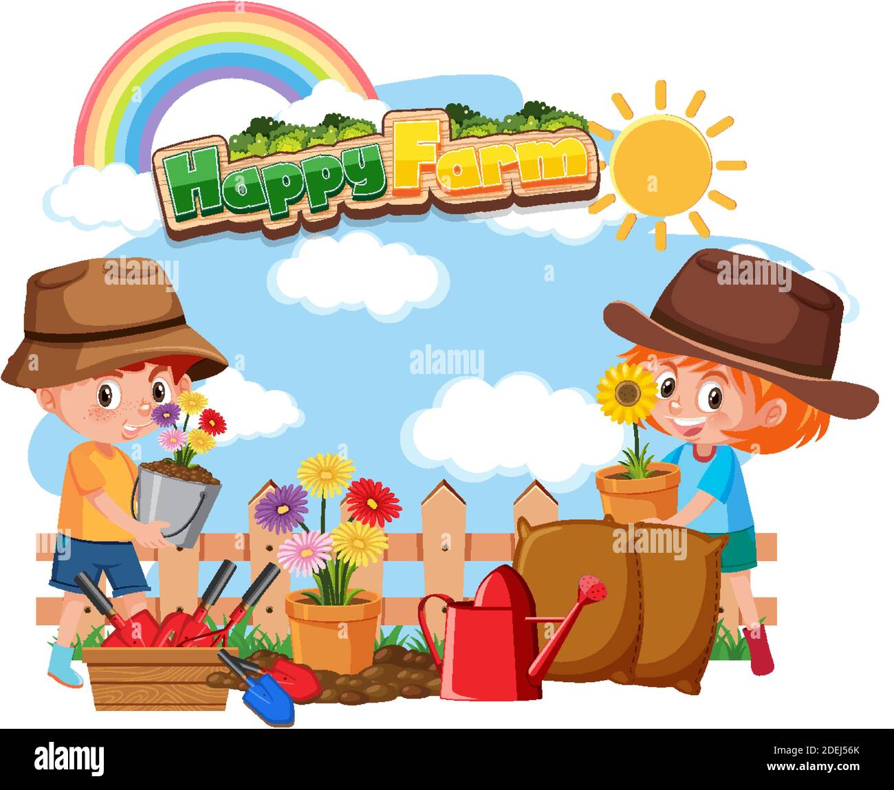 Font design for happy farm with happy kid and flowers illustration ...