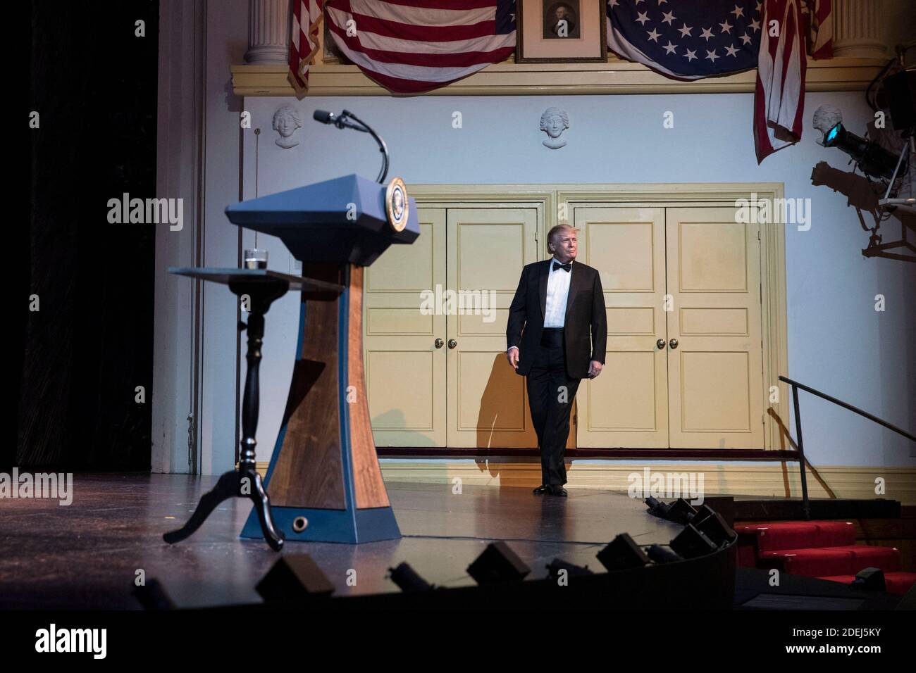 U.S. President Donald Trump walks onto stage to deliver remarks at the ...