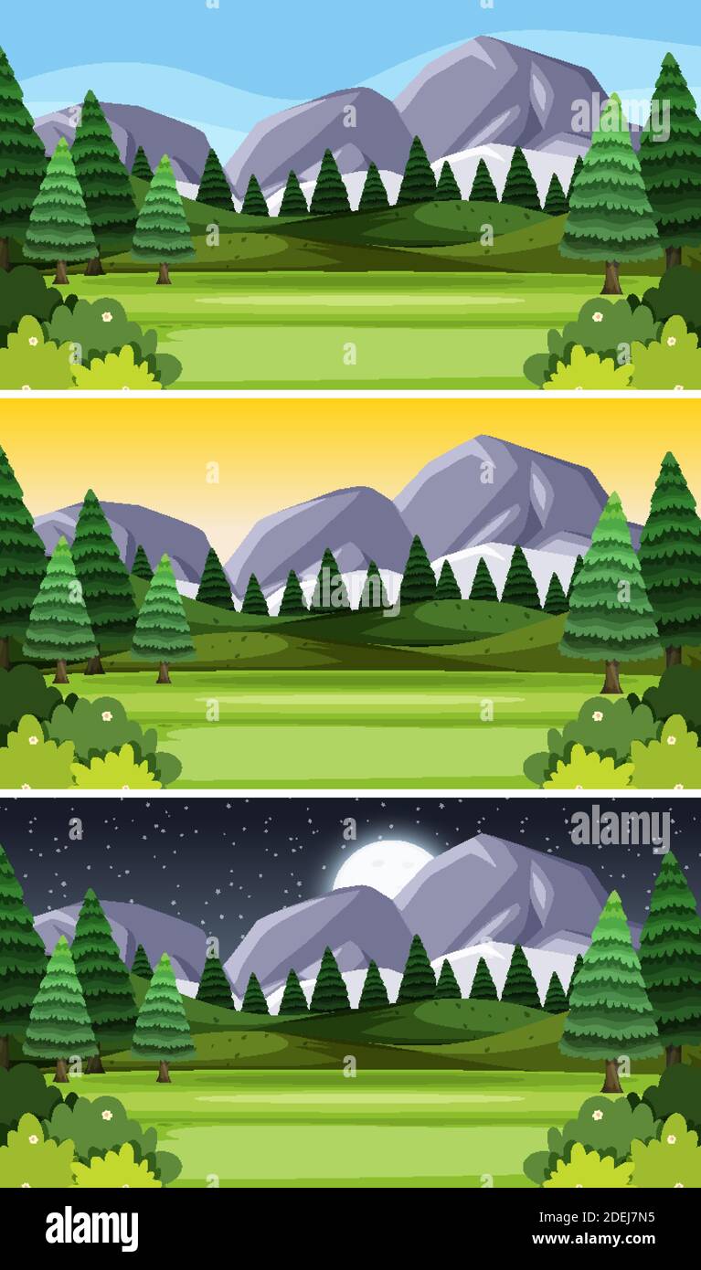 Nature landscape scene at different times of day illustration Stock ...