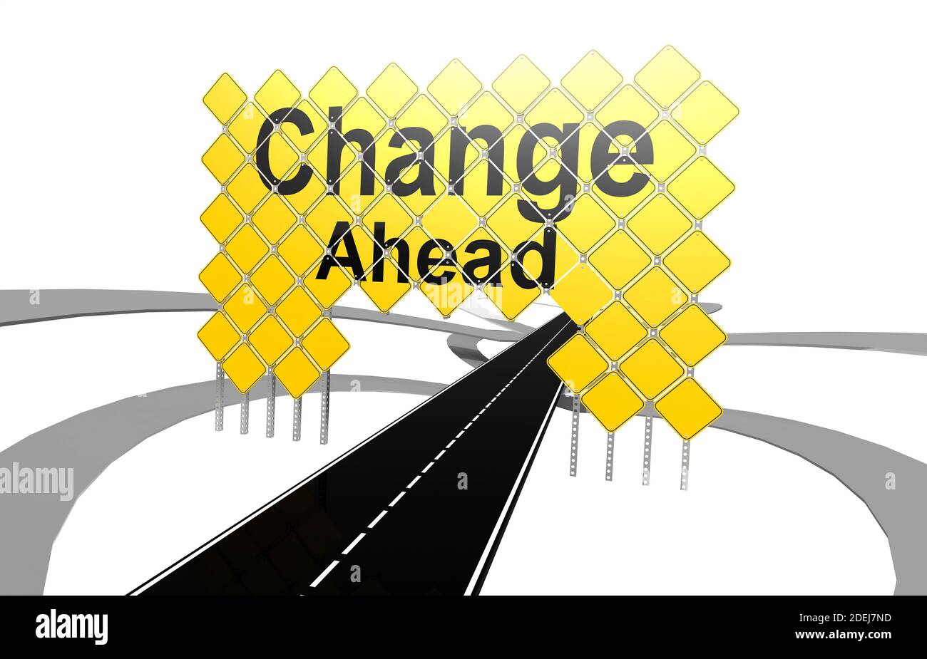 Change ahead word on giant yellow road signs, 3D rendering Stock Photo ...