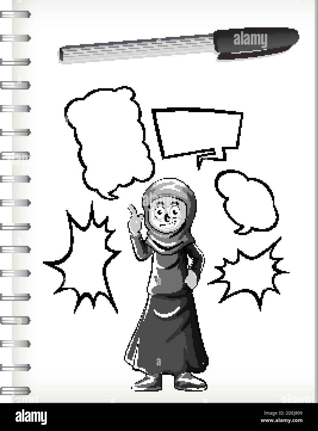 Muslim girl thinking with shape doodle on notebook on white background ...