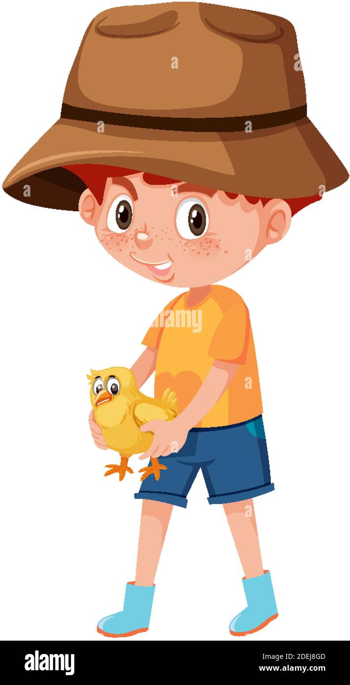 Boy holding cute animal cartoon character isolated on white background ...