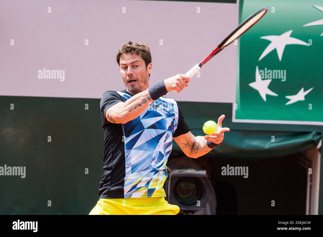 Marat Safin in action during French Tennis Open at Roland-Garros arena ...