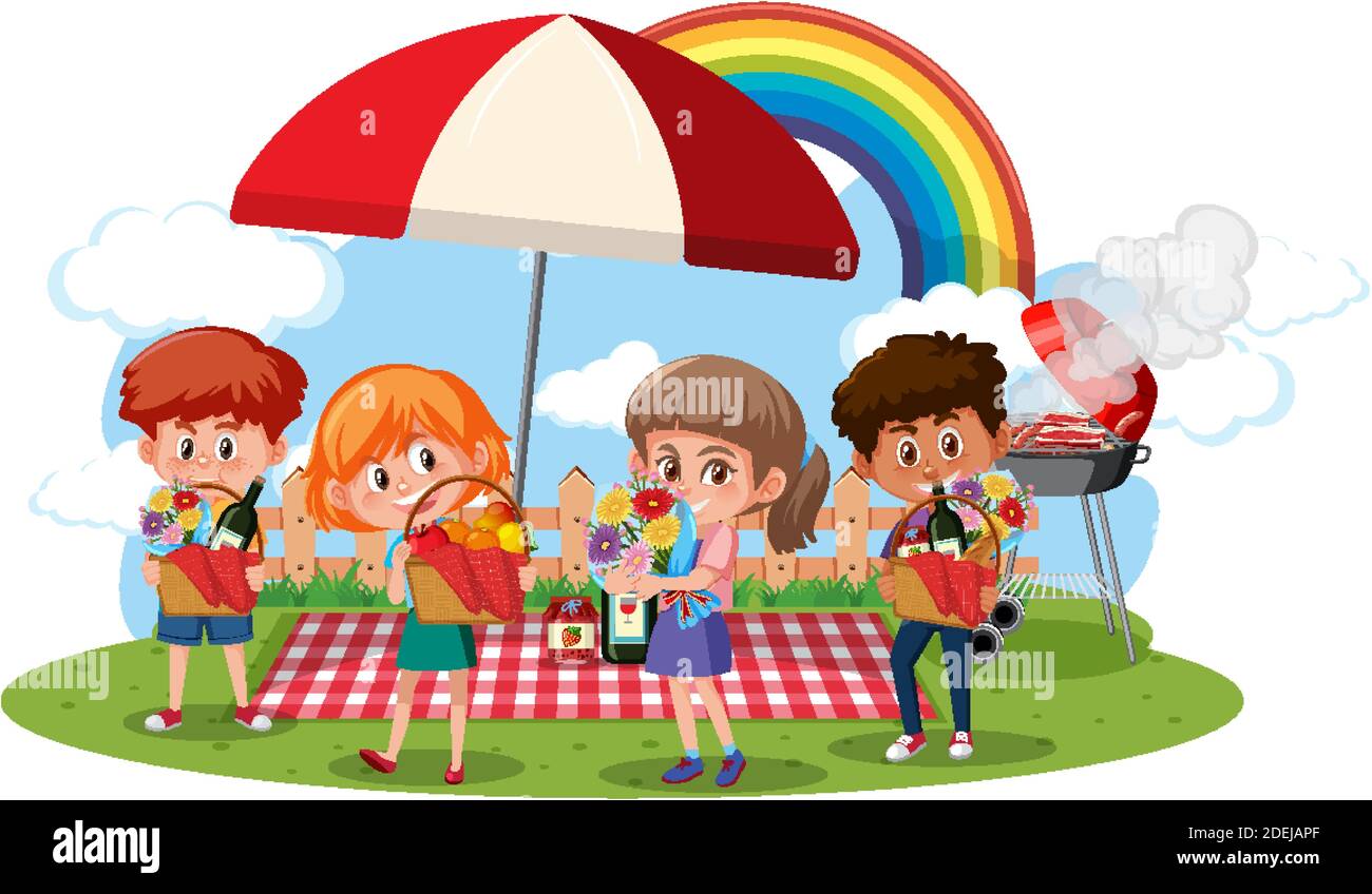Children in picnic scene on white background illustration Stock Vector ...