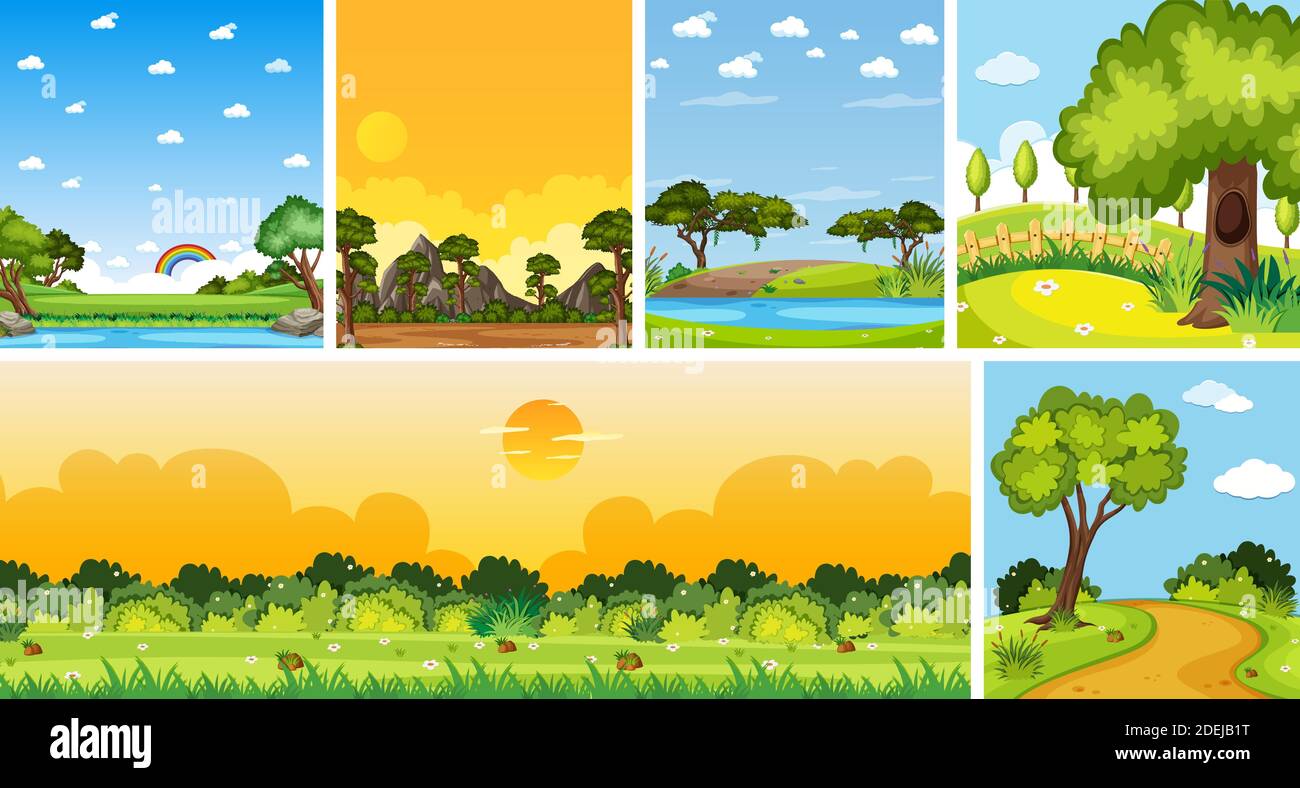 Set of different nature place scene in vertical and horizon scenes at ...