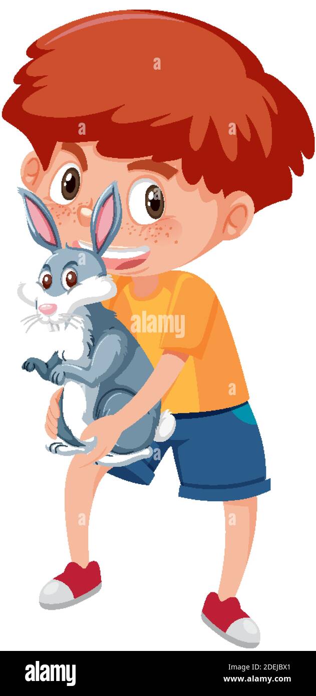 Boy holding cute animal cartoon character isolated on white background ...