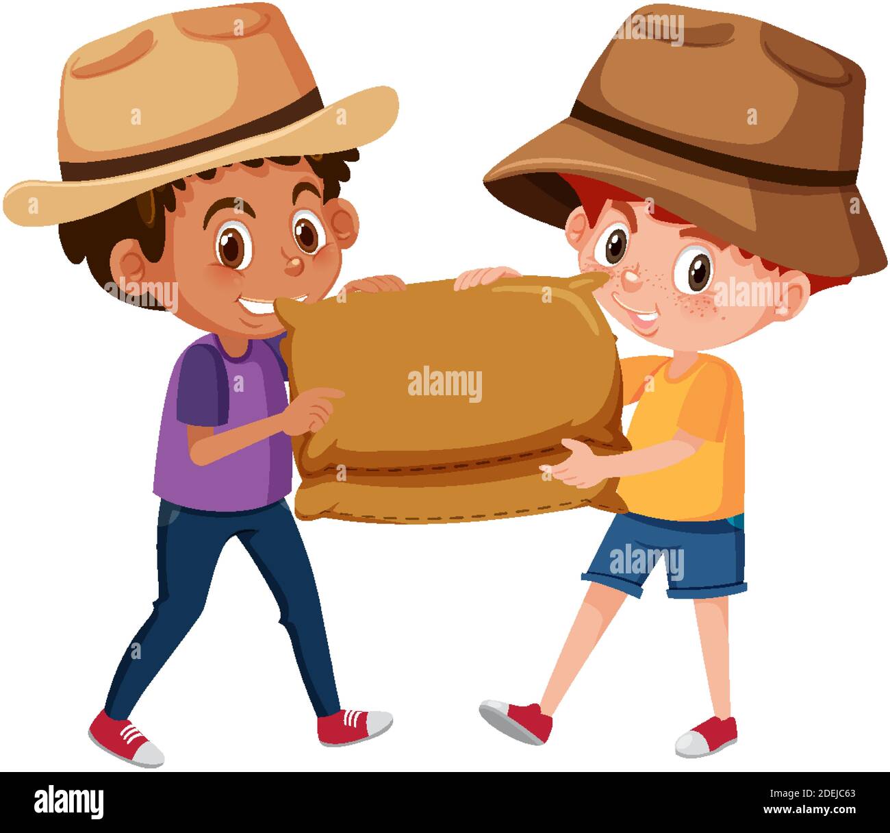 Boy holding fertilizer sack cartoon character isolated on white ...
