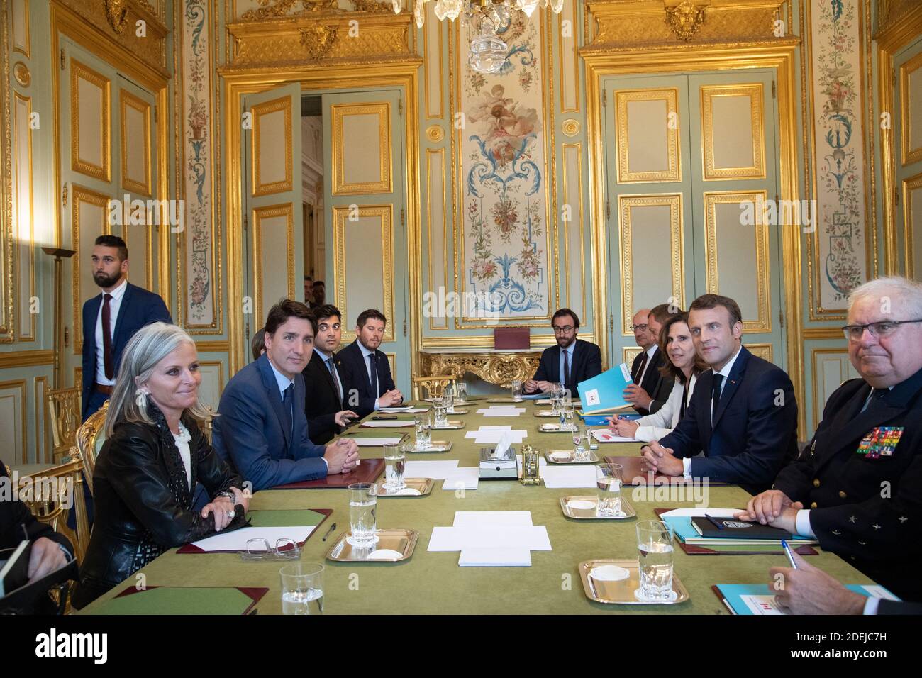 French President Emmanuel Macron attends a meeting with Canadian Prime ...