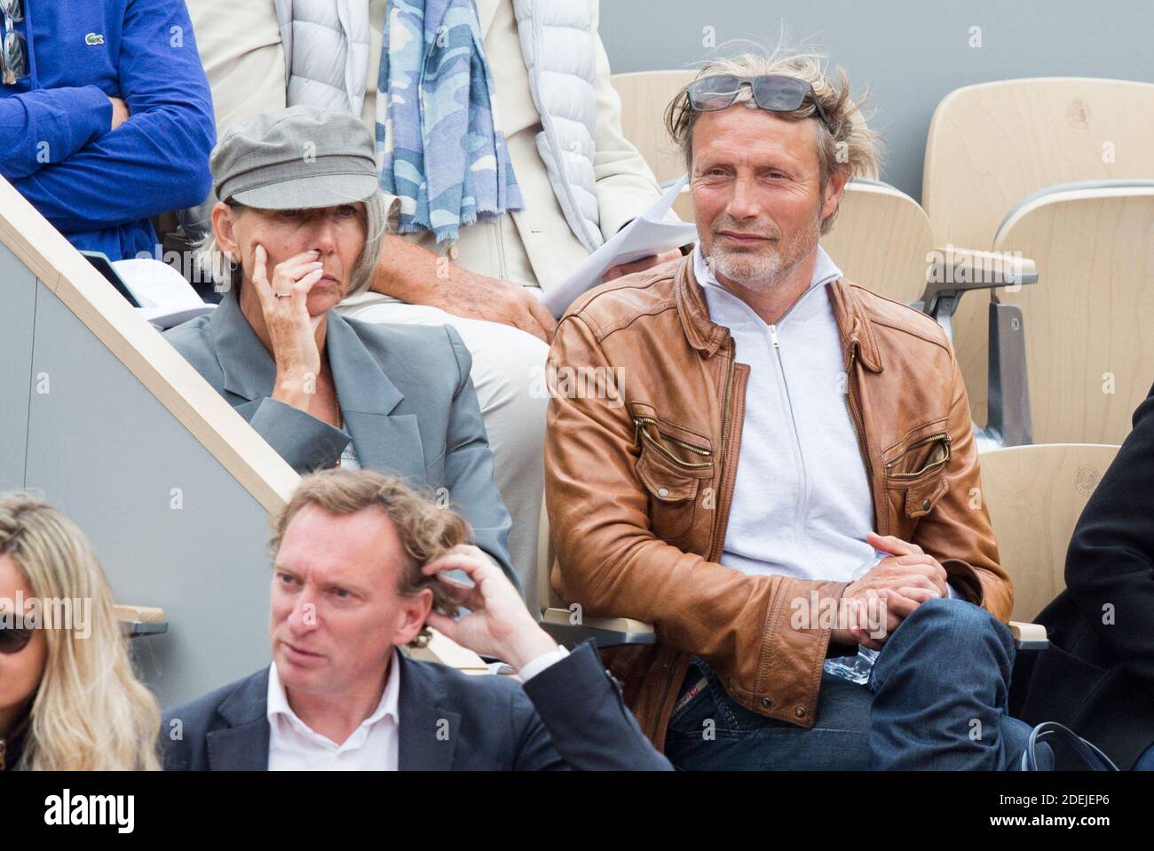 Mads Mikkelsen and his wife Hanne Jacobsen in stands during French ...
