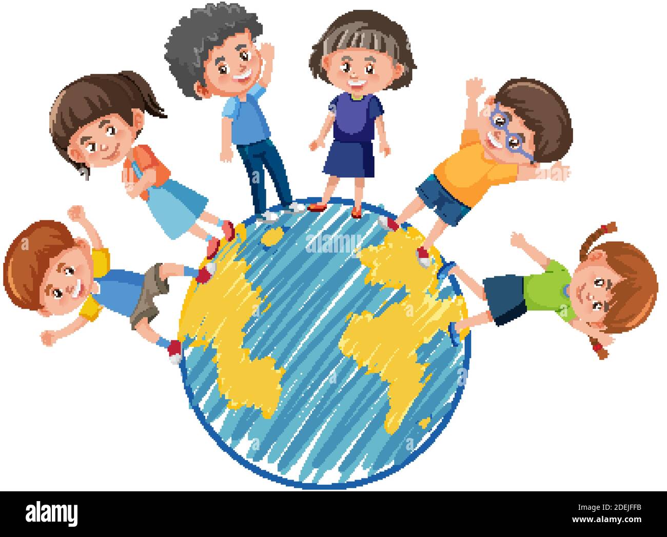 Many kids on globe in cartoon style isolated on white background ...