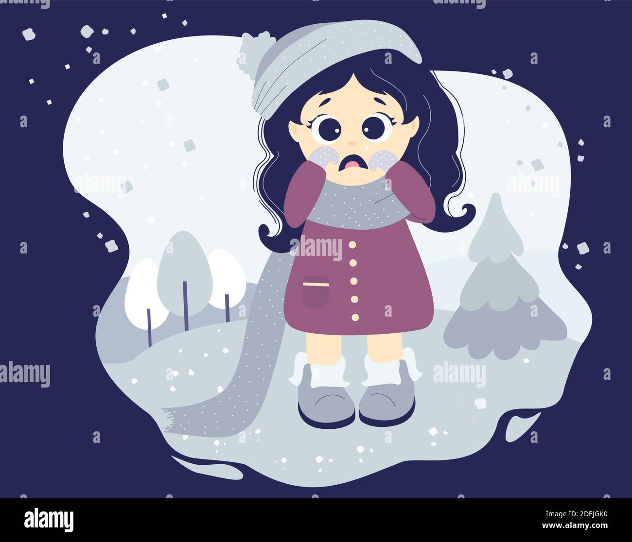The girl is crying and upset, sad mood. Cute character in winter ...