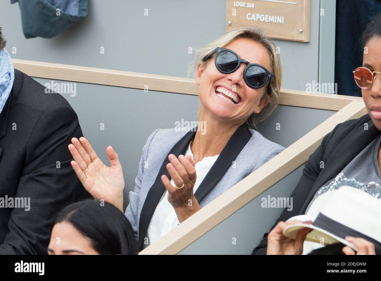 Anne-Sophie Lapix in stands during French Tennis Open at Roland-Garros ...