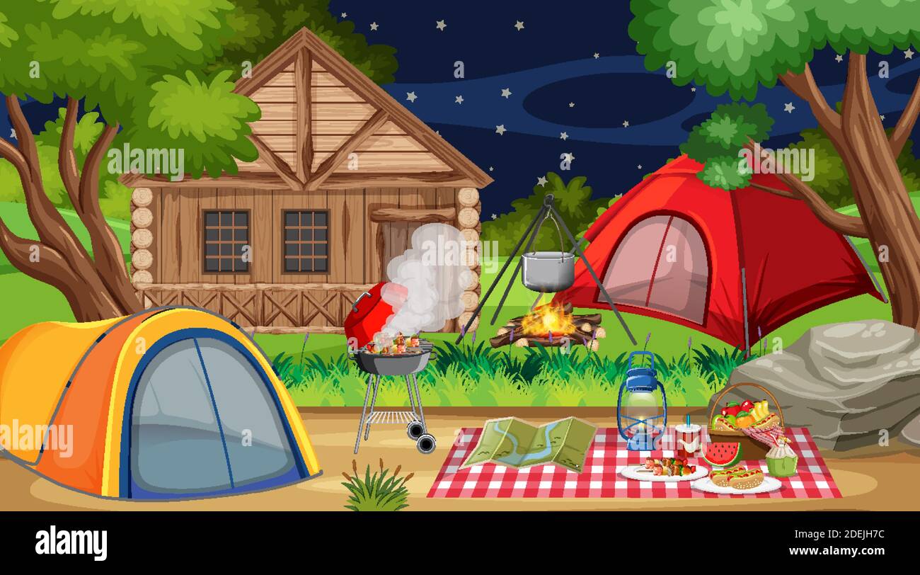 Camping or picnic in the nature park at night scene illustration Stock ...