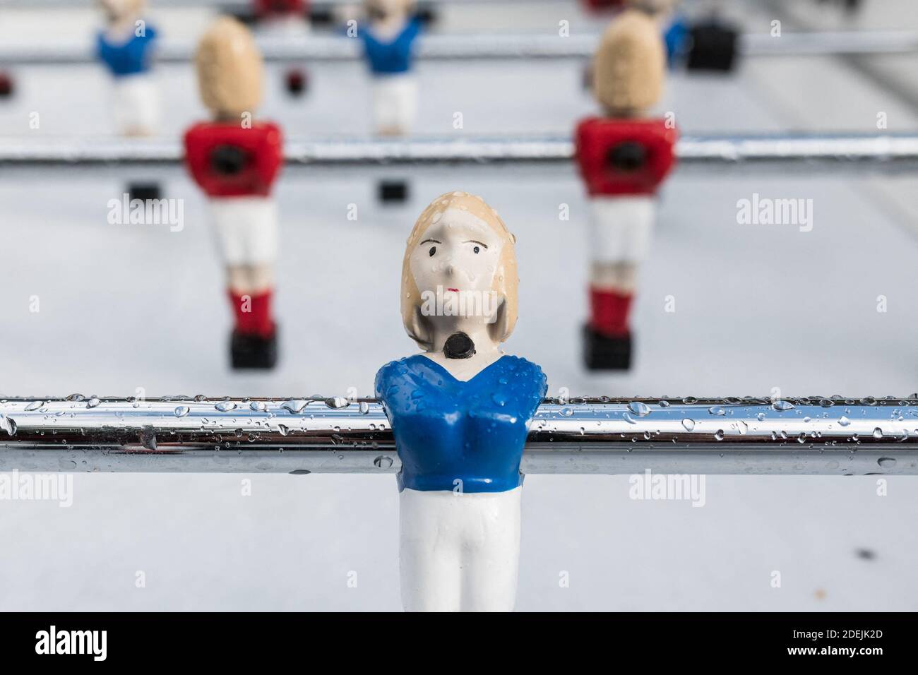 A football table with figurines of women player at the FIFA Village in ...