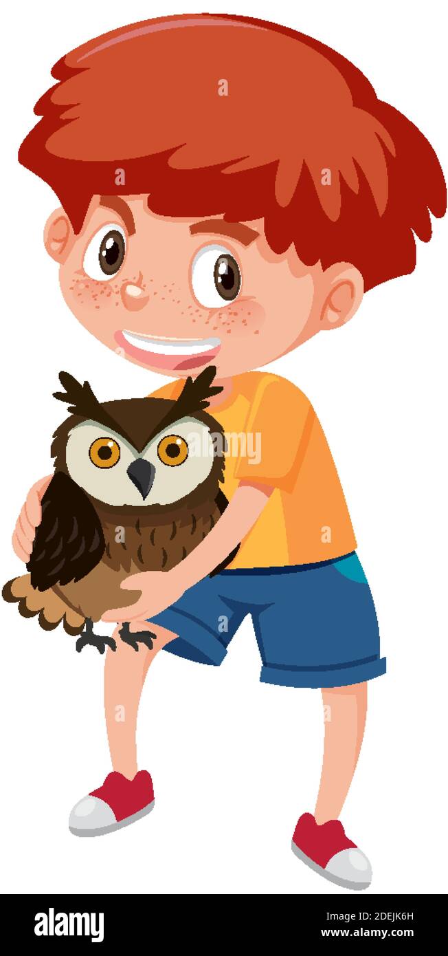 Boy holding cute animal cartoon character isolated on white background ...