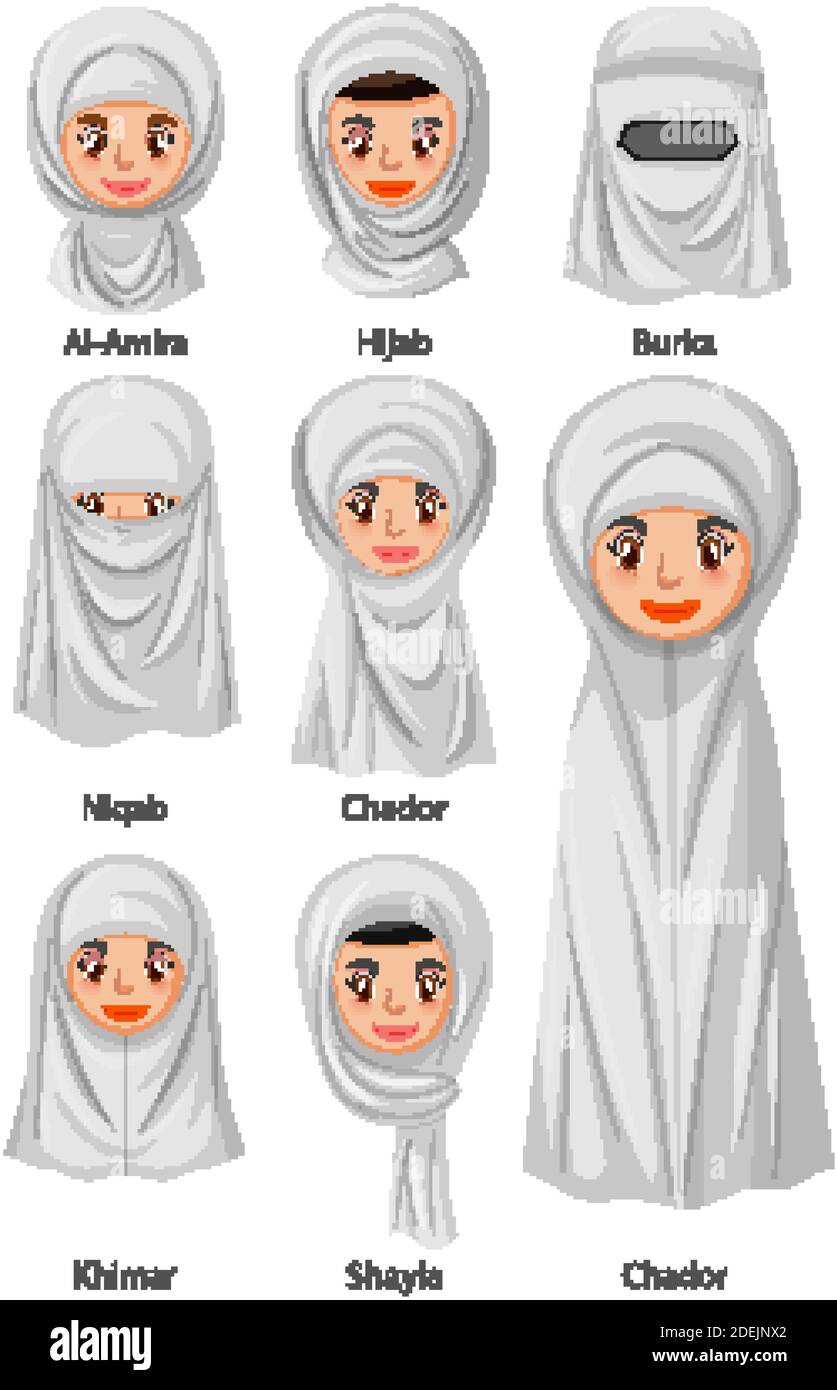 Types of Islamic traditional veils of female in cartoon style ...