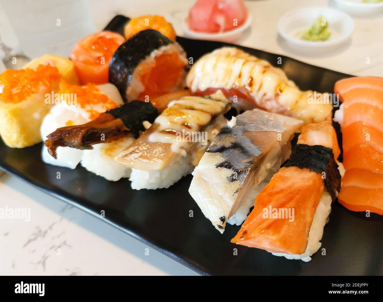 Selective focus, Pickled Saba Sushi in a Popular Japanese Food Sushi ...