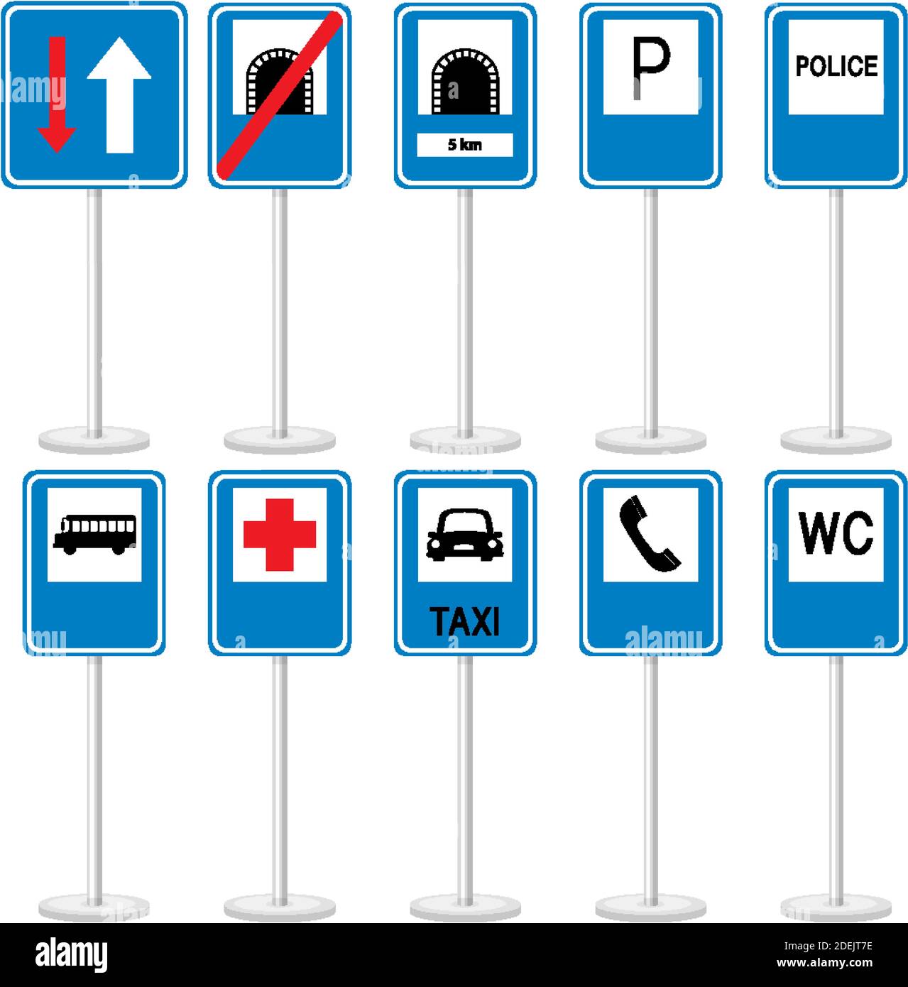 Set of blue road signs with stand isolated on white background ...