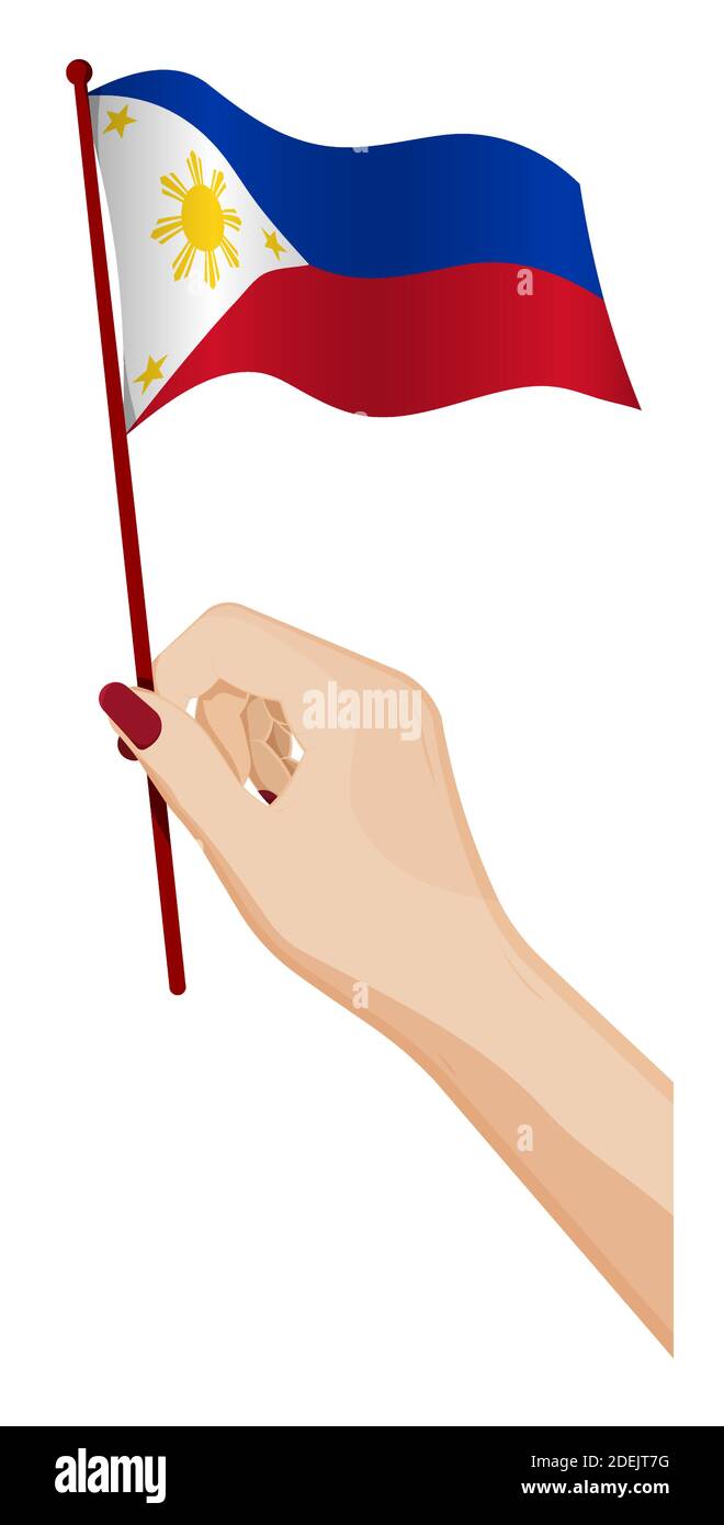 Female hand gently holds small Flag of Republic of Philippines. Holiday ...