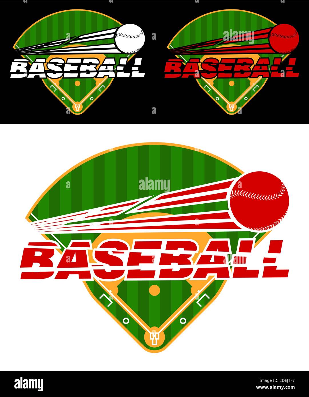 set of emblems with green baseball fields and flying ball. Team sports ...