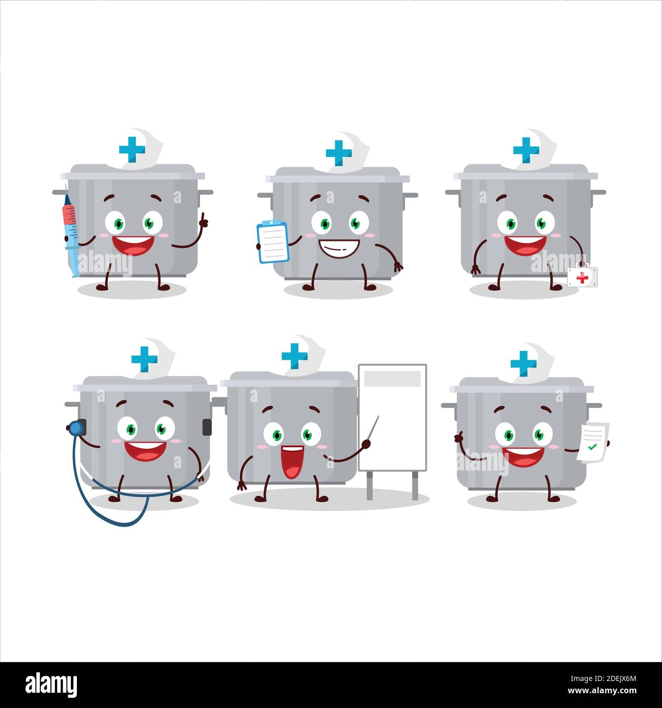 Doctor profession emoticon with kitchen pot cartoon character. Vector ...