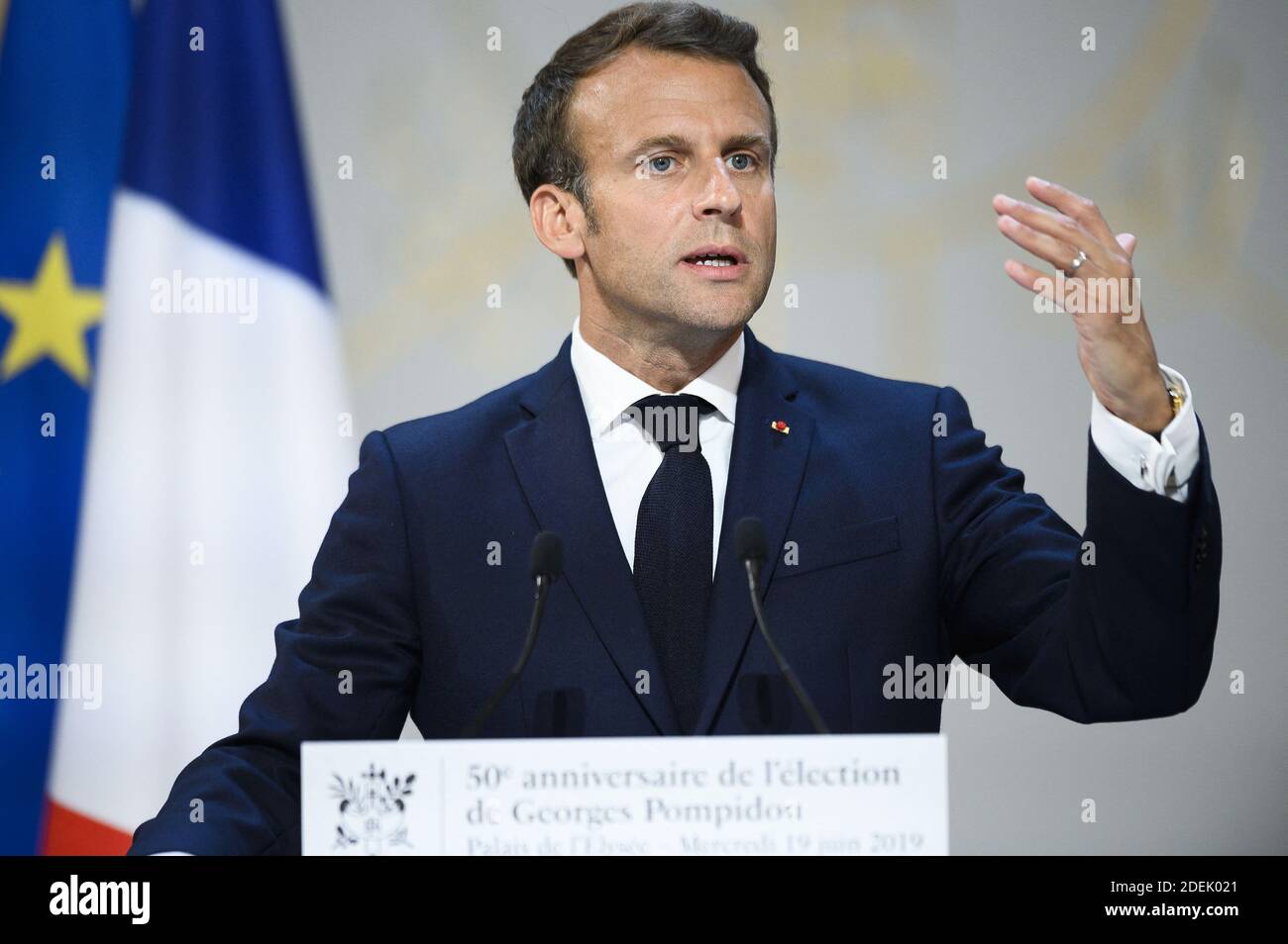 French President Emmanuel Macron delivers a speech during a ceremony ...