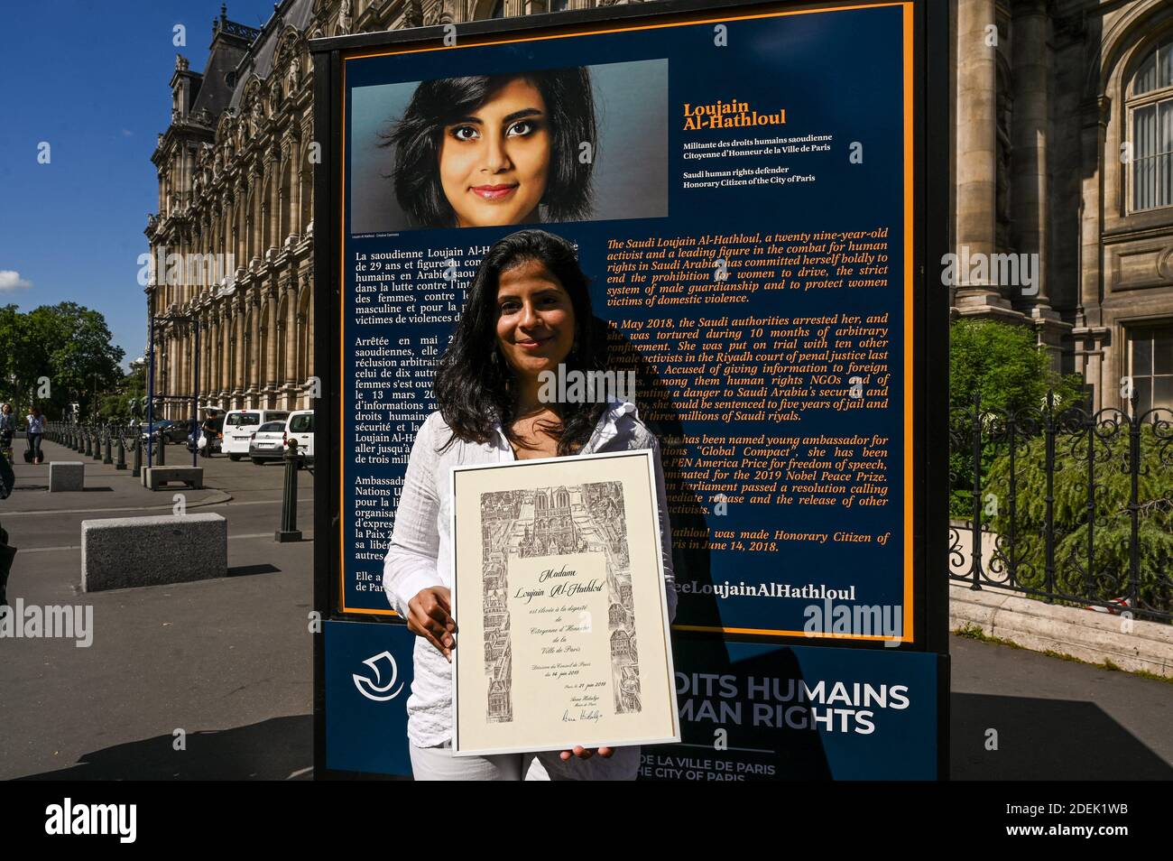 L-R : Lina Al Hathloul with honorary citizenship for her sister, jailed ...