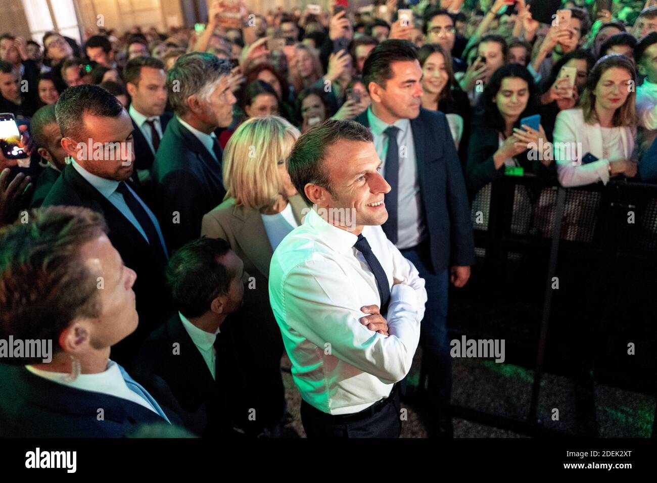 French President Emmanuel Macron in the courtyard of the Elysee Palace ...