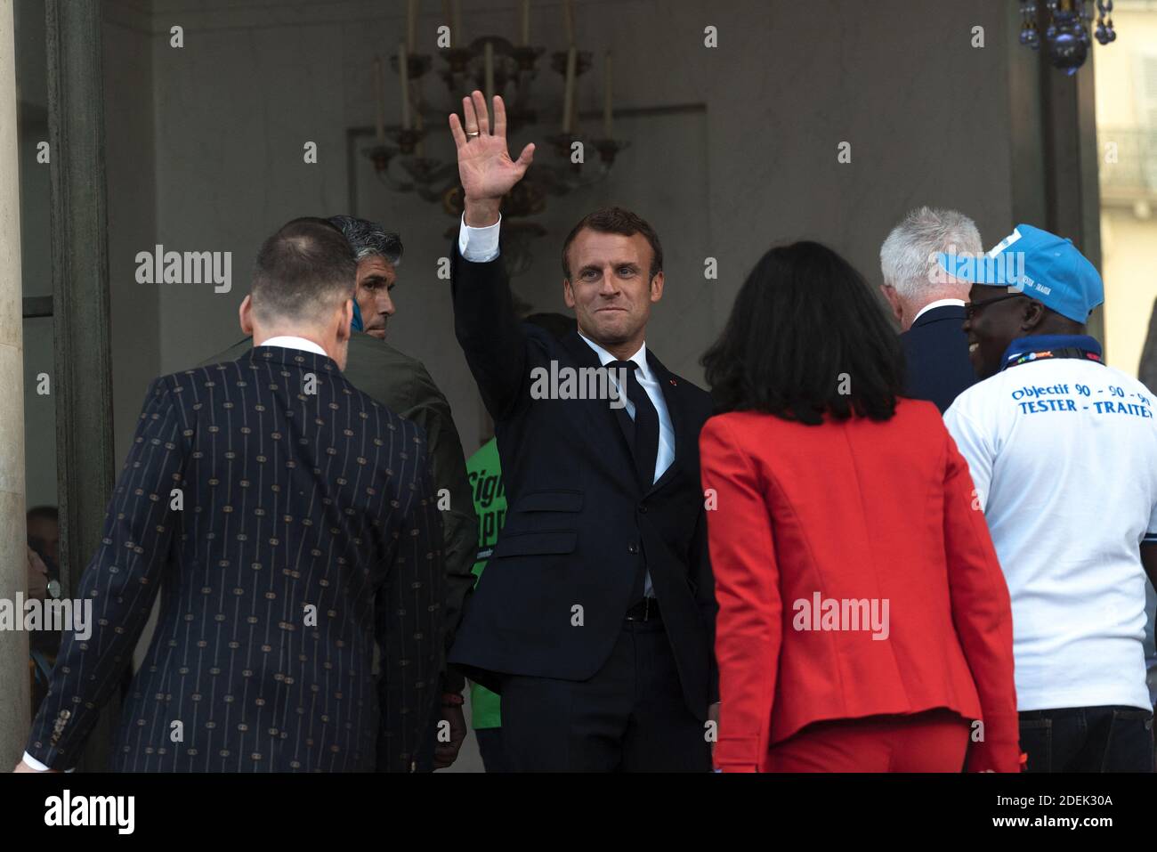 French President Emmanuel Macron in the courtyard of the Elysee Palace ...