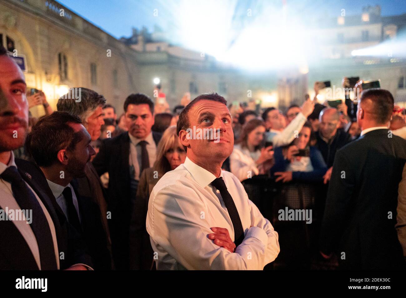 French President Emmanuel Macron in the courtyard of the Elysee Palace ...